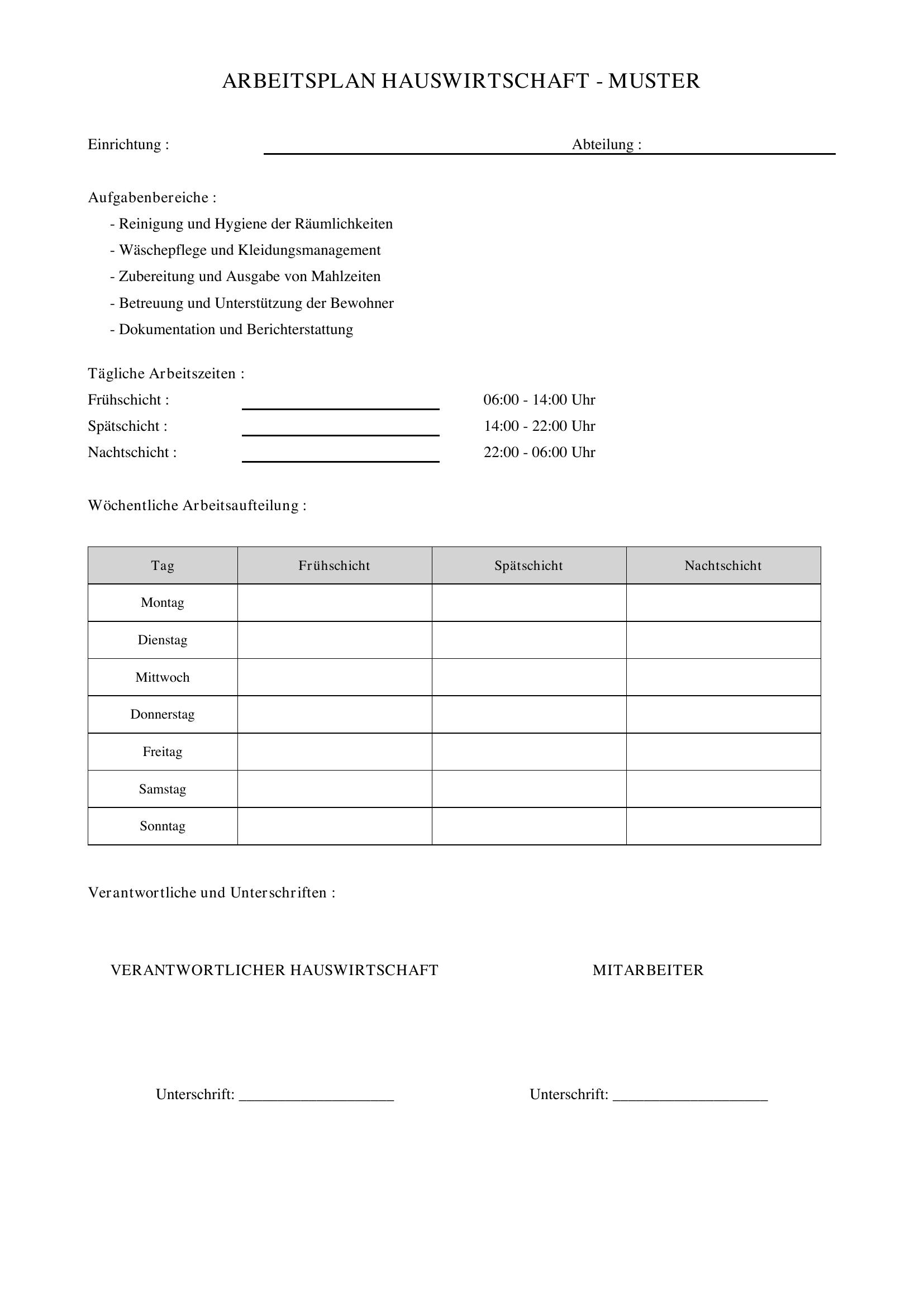 Arbeitsplan Hauswirtschaft Muster